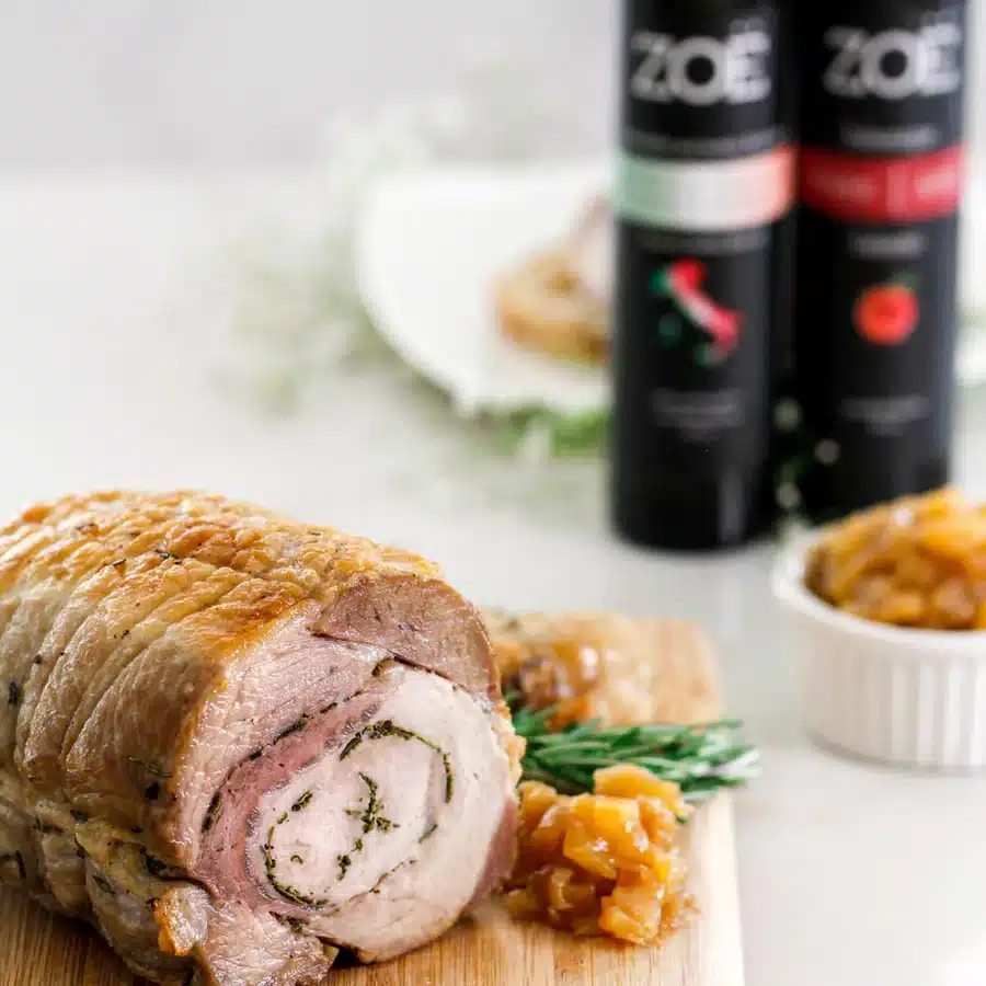 Zoë Mock “Porchetta” with pickled onion and apple compote - Zoë Olive ...